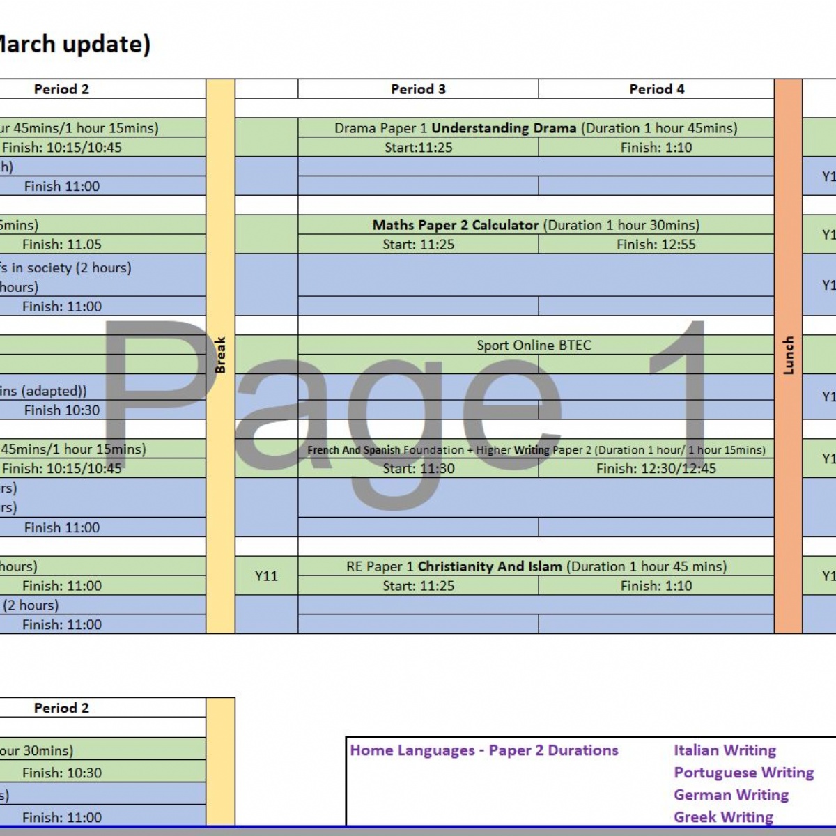 Grace Academy Coventry - Revised AP timetable: Year 11 and 13